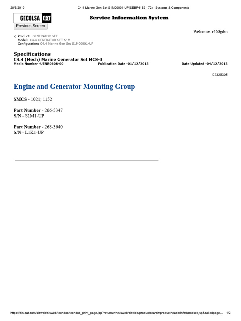 C4.4 Marine Gen Set S1M00001-UP (SEBP4152 - 72) - Generator Mounting ...