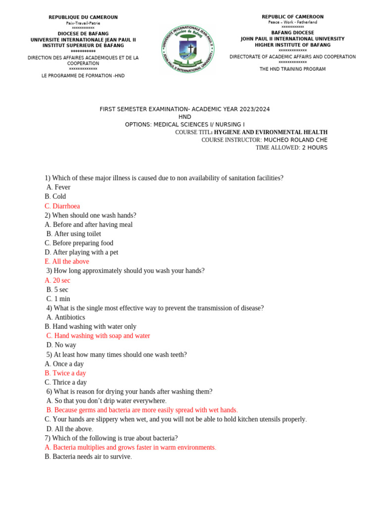 Hygiene and Environmental Health Set 1 | PDF | Hygiene | Bacteria