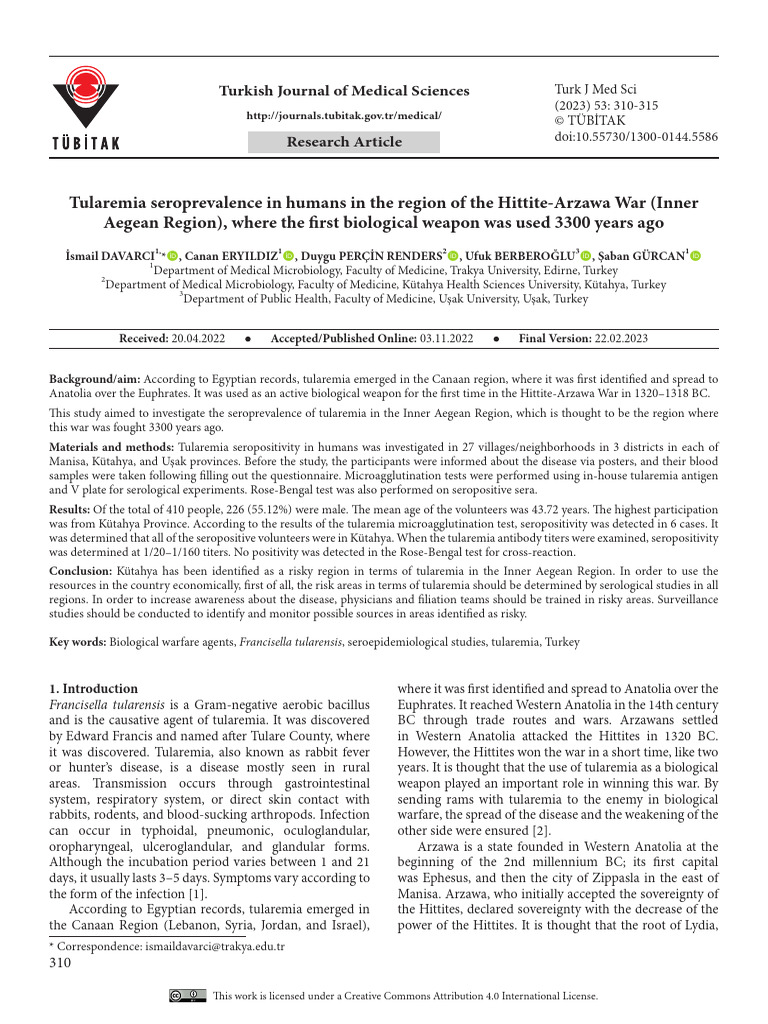 Tularemia Seroprevalence in Humans in The Region of The Hittite-Arzawa ...