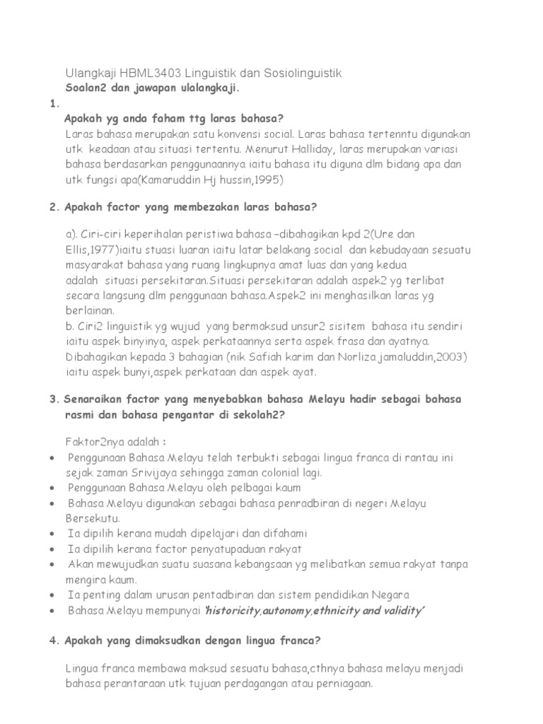 Ulangkaji HBML3403 Linguistik Dan Sosiolinguistik | PDF