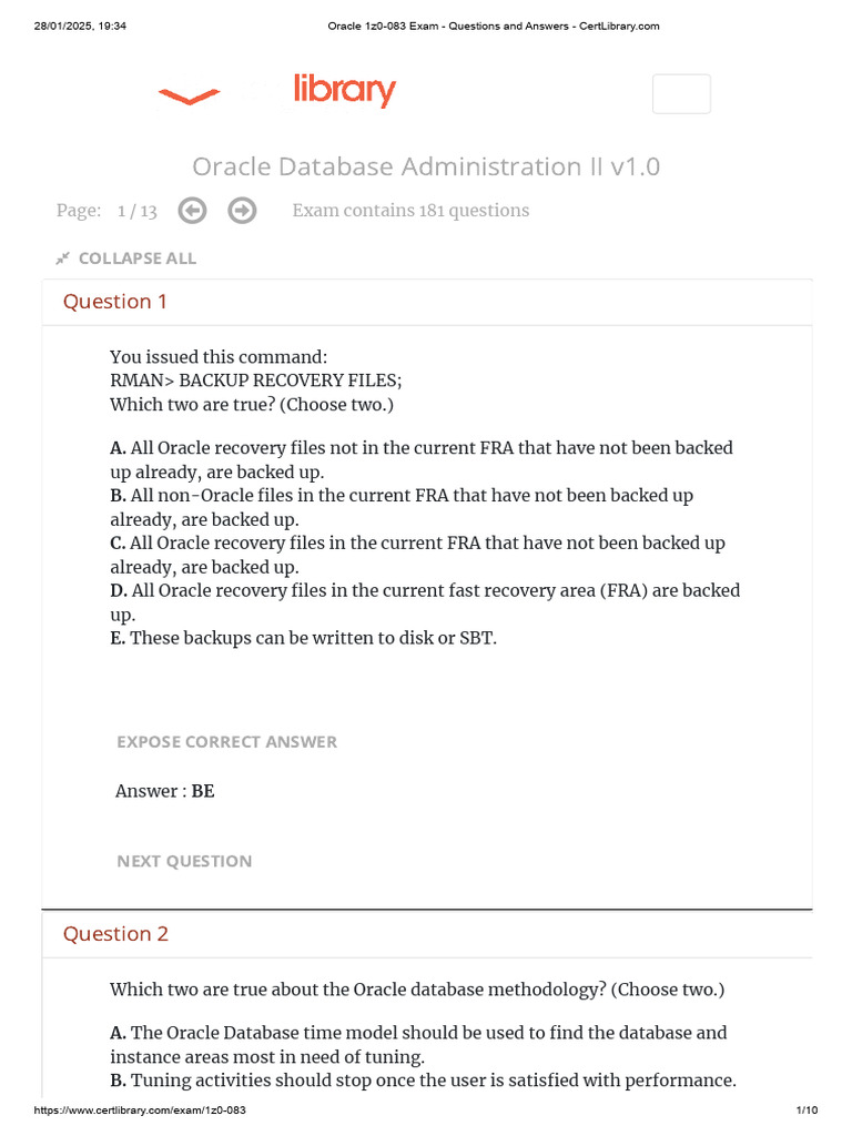 Oracle 1z0-083 Exam - Questions and Answers | PDF | Databases | Backup