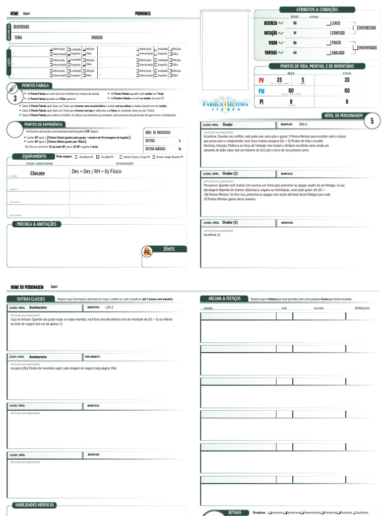 Fabula Ultima Ficha de Personagem | PDF