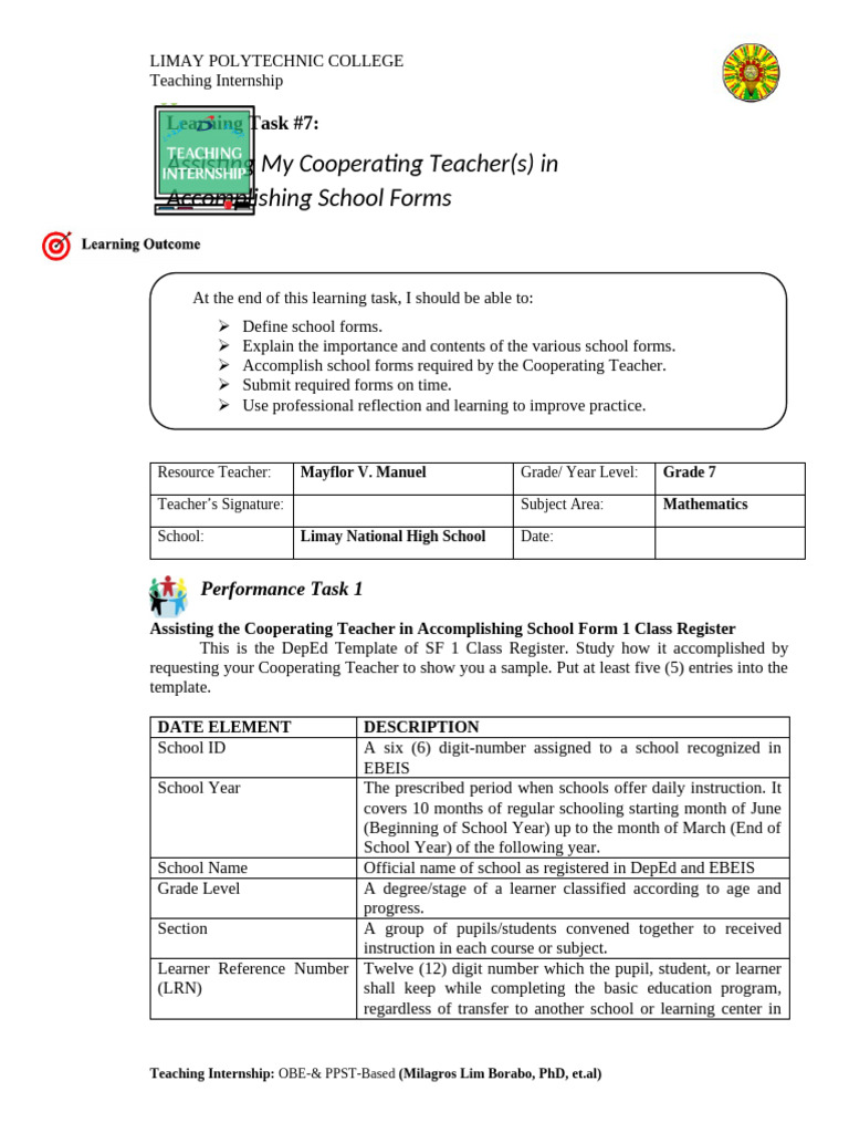Learning Task 7 Assisting My Cooperating Teachers in Accomplishing School Forms | PDF | Teachers ...