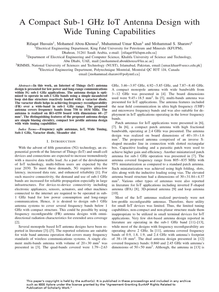 A Compact Sub-1 GHZ IoT Antenna Design With Wide Tuning Capabilities ...