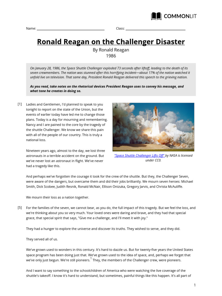 Ronald Reagan On The Challenger Disaster-Teacher-12 | PDF | Space ...