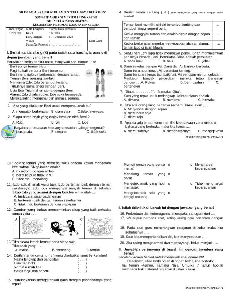 Sas I Pend Pancasila Kelas 1 Kiha | PDF