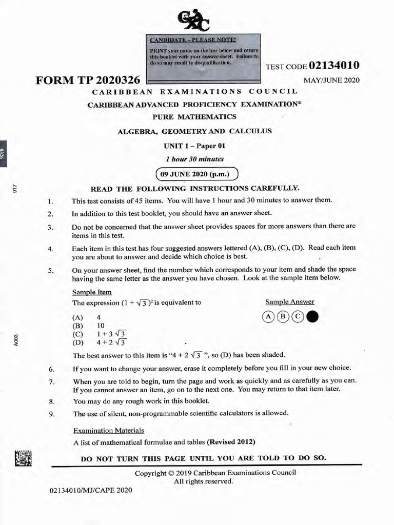 CAPE Pure Mathematics 2020 U1 P1 | PDF