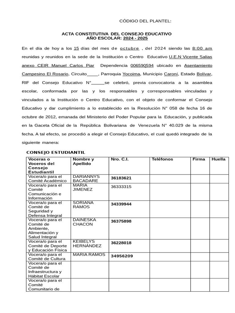 Acta Constitutiva Del Consejo Educativo 2024 2025 Uen Vicente Salias | PDF | Documento de identidad