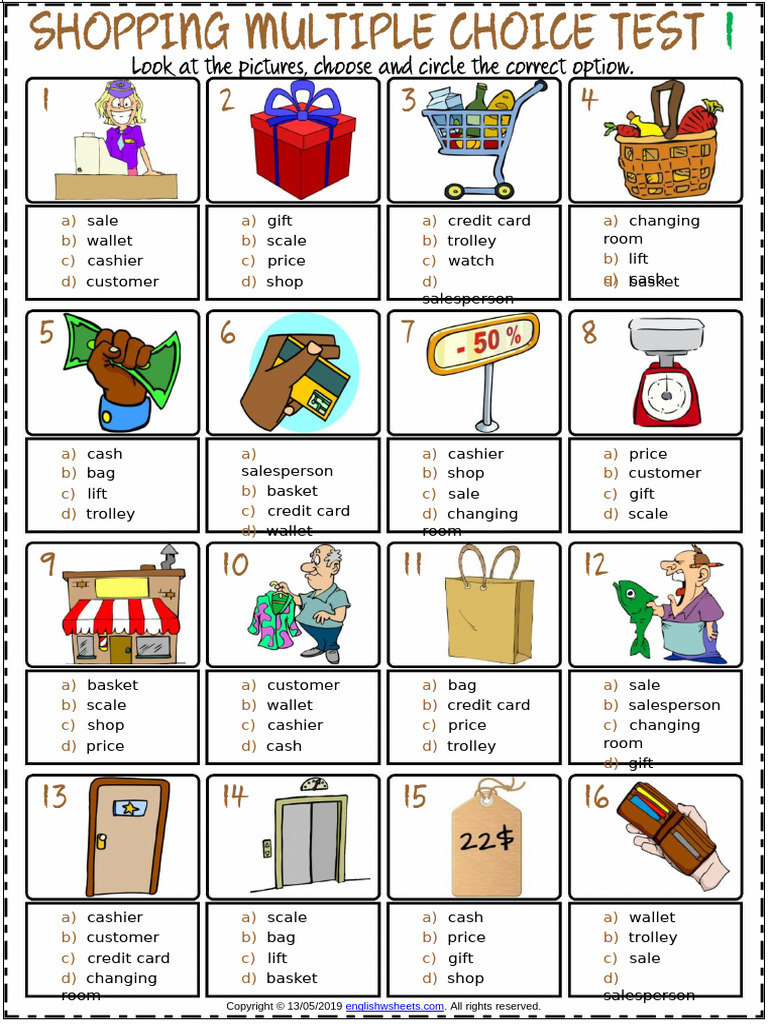 Shopping Vocabulary Esl Multiple Choice Tests For Kids | PDF ...