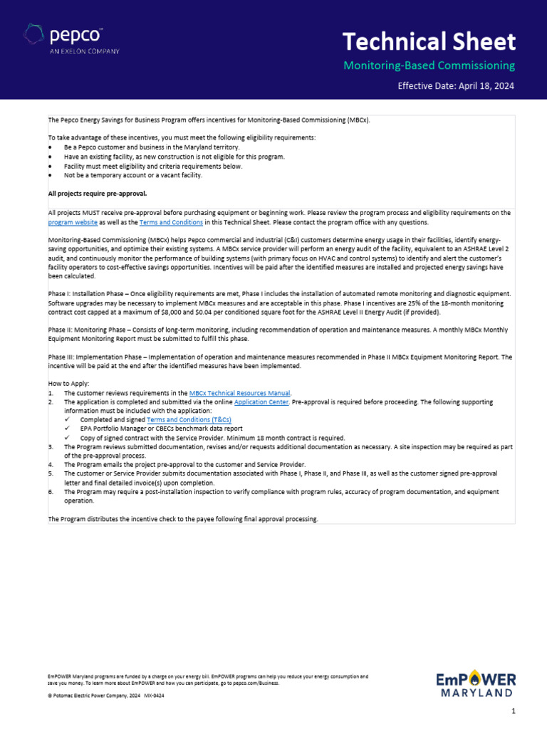 Pepco CI Tech Sheet MBCx-1 | PDF | Energy Conservation