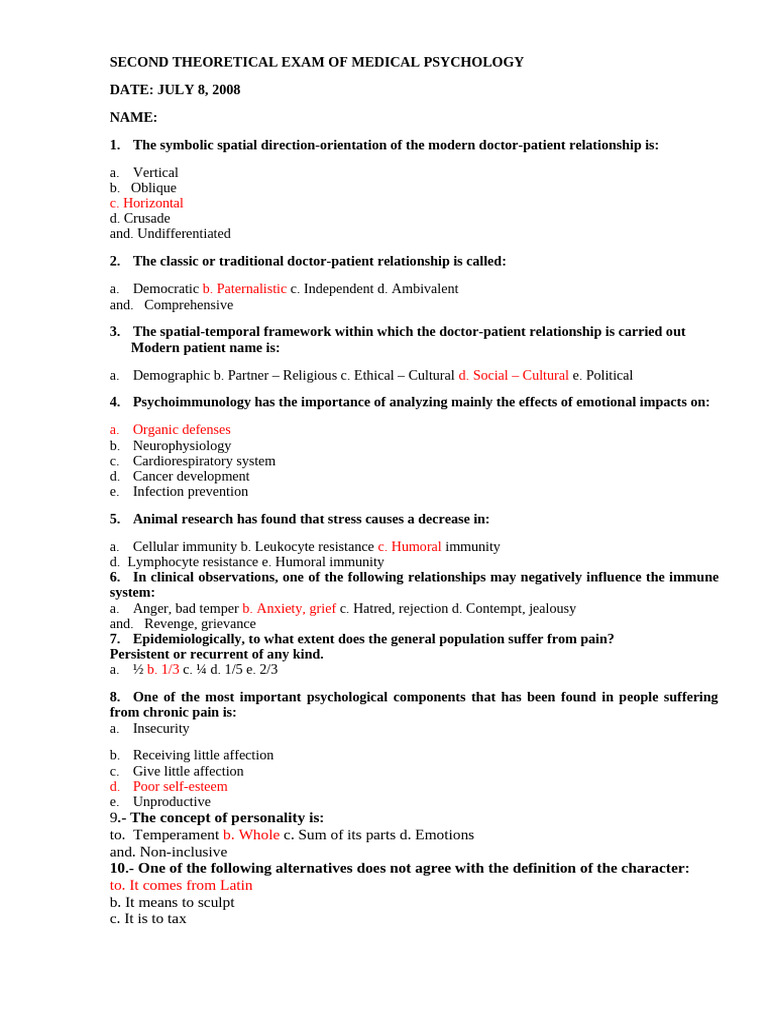Medical Psychology Exam Questions | PDF | Psychology | Stress (Biology)