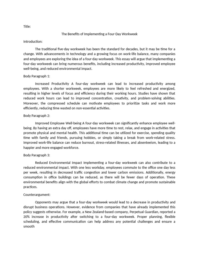 Sample Argumentative Essay | PDF | Working Time | Workweek And Weekend
