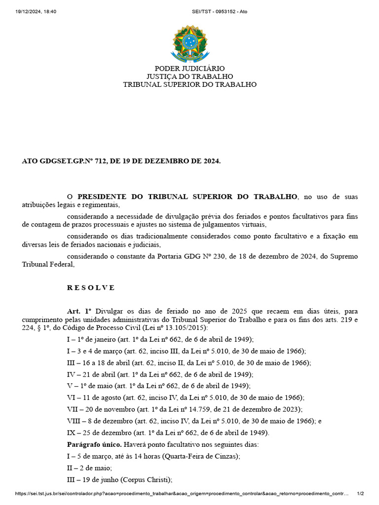 Ato GP 712 - 2024 - Divulga Os Dias de Feriados Nacionais e Os Dias de Ponto Facultativo No TST ...