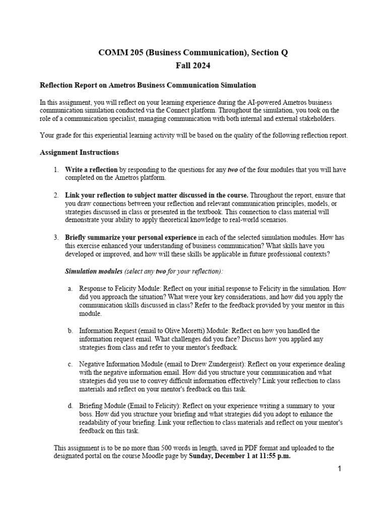 COMM 205-Q-Fall 2024-Simulation Reflection Assignment Guidelines | PDF | Simulation | Communication