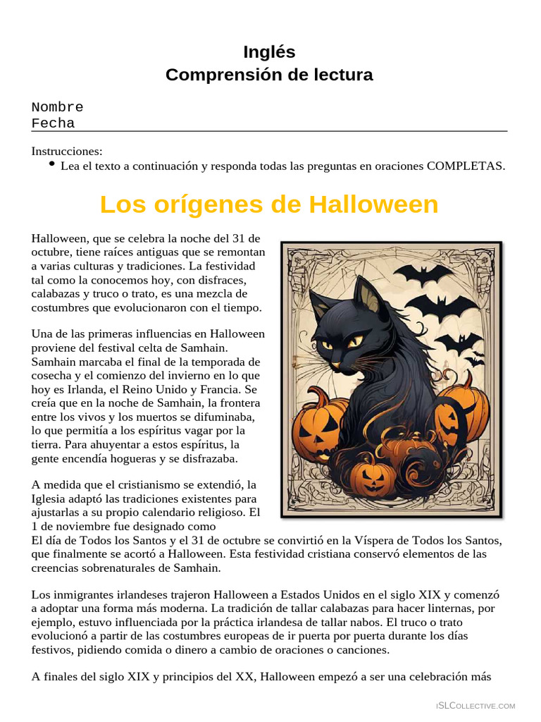 Comprensión de Lectura - Los Orígenes de Halloween | PDF | Víspera de ...