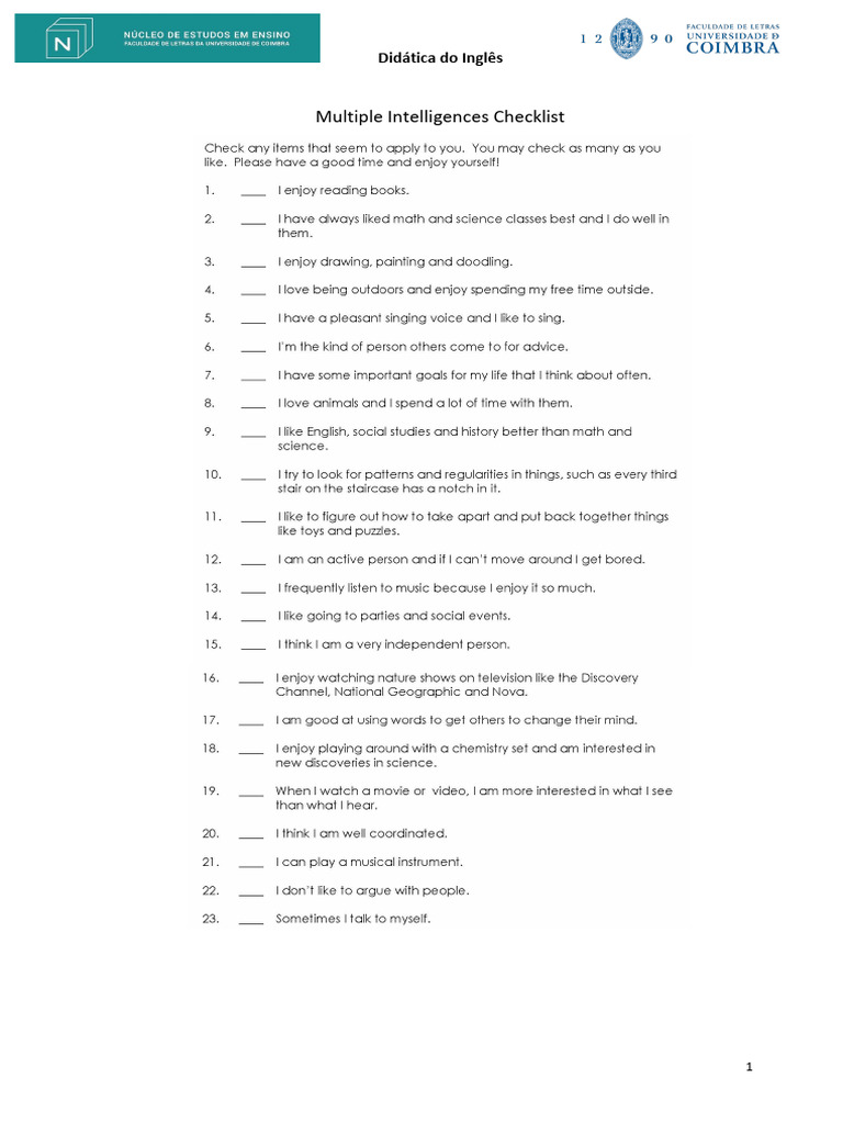 Multiple Intelligences Checklist | PDF