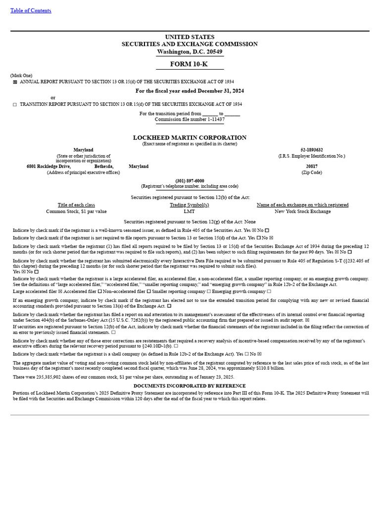 Lockheed Martin 2024 Annual Report | PDF | Form 10 K | Missile