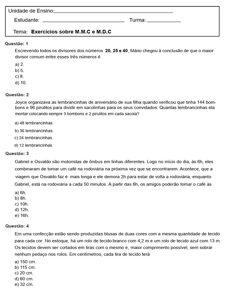 Exercícios de MMC e MDC para 7º Ano | PDF