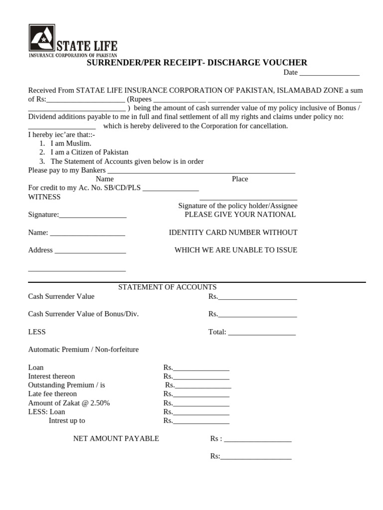 LIC Surrender Discharge Voucher Form | PDF