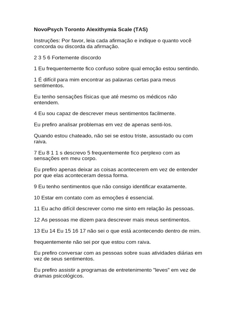 Alexithymia Scale TRADUZIDO | PDF | Sentimento | Emoções
