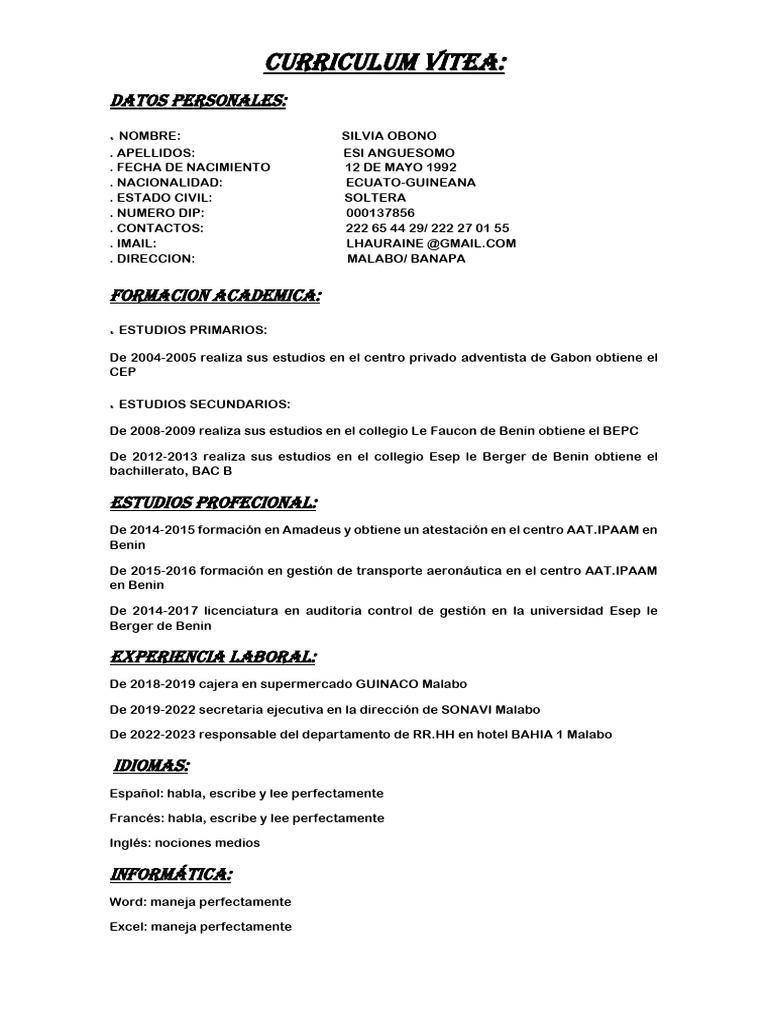 CV Silvia Obono: Experta en RR.HH. | PDF