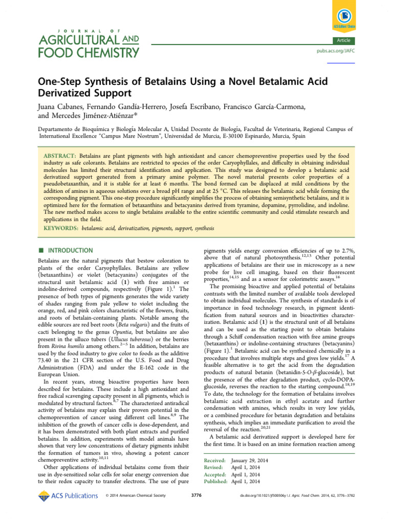 Cabanes Et Al 2014 One Step Synthesis of Betalains Using A Novel ...