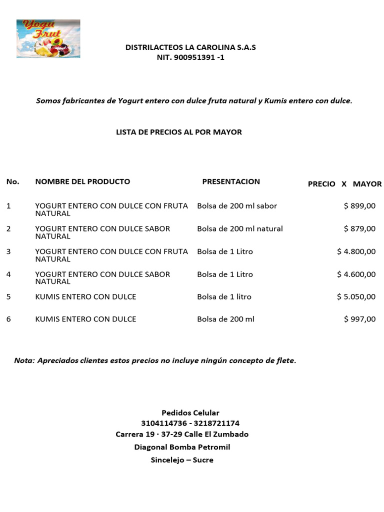 Precios Distrilacteos La Carolina Sas | PDF