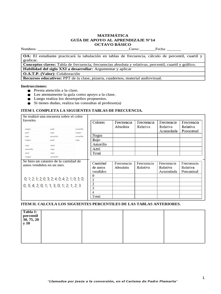 Guía de Aprendizaje N°14 Tablas de Frecuencia, Tendencia No Central y ...