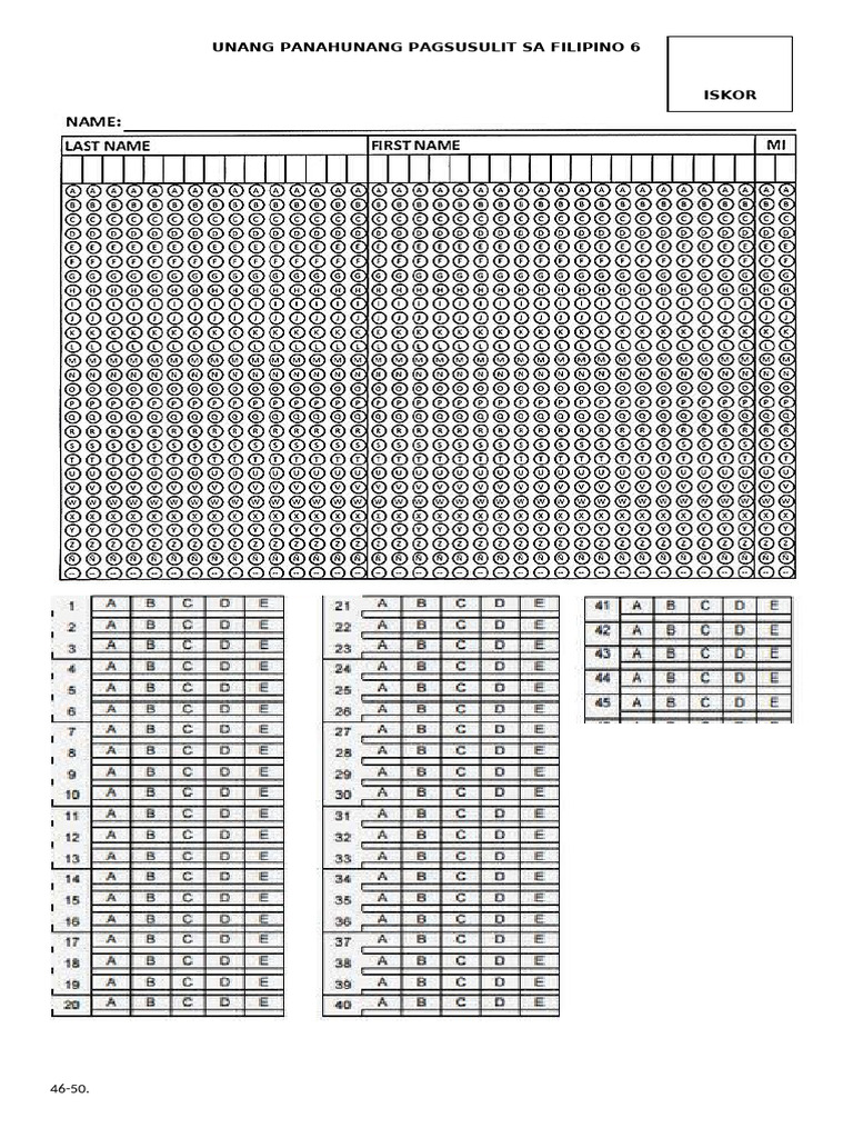 Unang Panahunang Pagsusulit Sa Filipino 6 - Answersheet - in Nat - Form ...