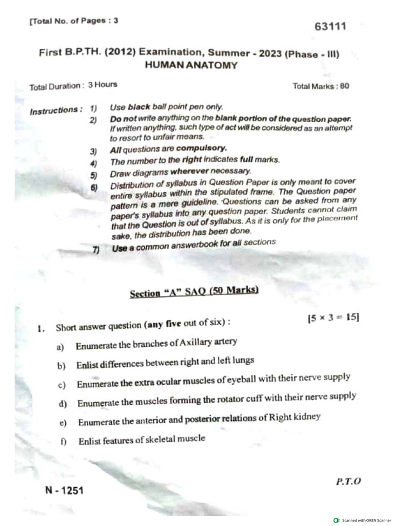 1st Year BPTH MUHS Paper | PDF