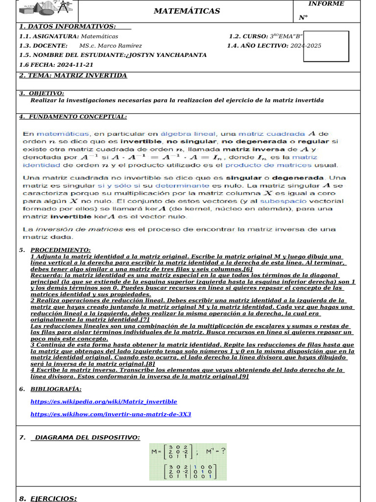 Guía de Matriz Invertida 3roEMA"B" | PDF | Matriz (Matemáticas ...