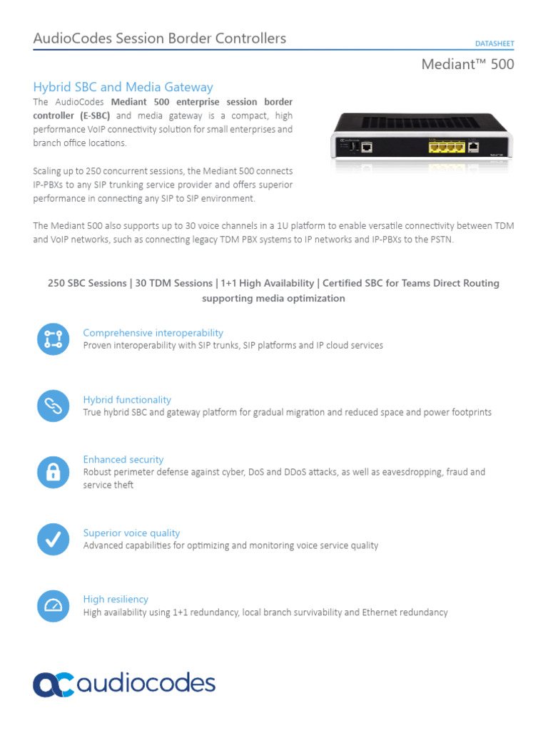 Mediant 500 SBC Datasheet | PDF | Session Initiation Protocol | Networking Standards
