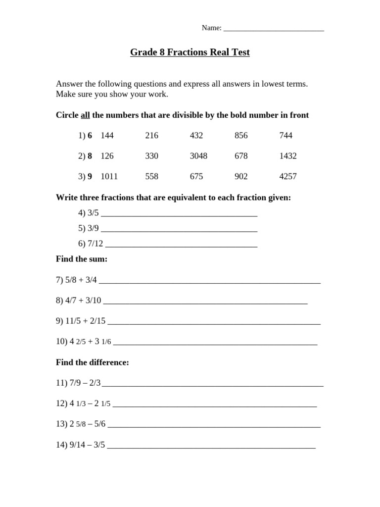 Grade 8 Fractions Practice Test | PDF | Coca Cola