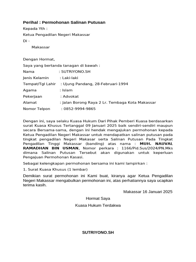 Surat Permohonan Minta Salinan Putusan | PDF