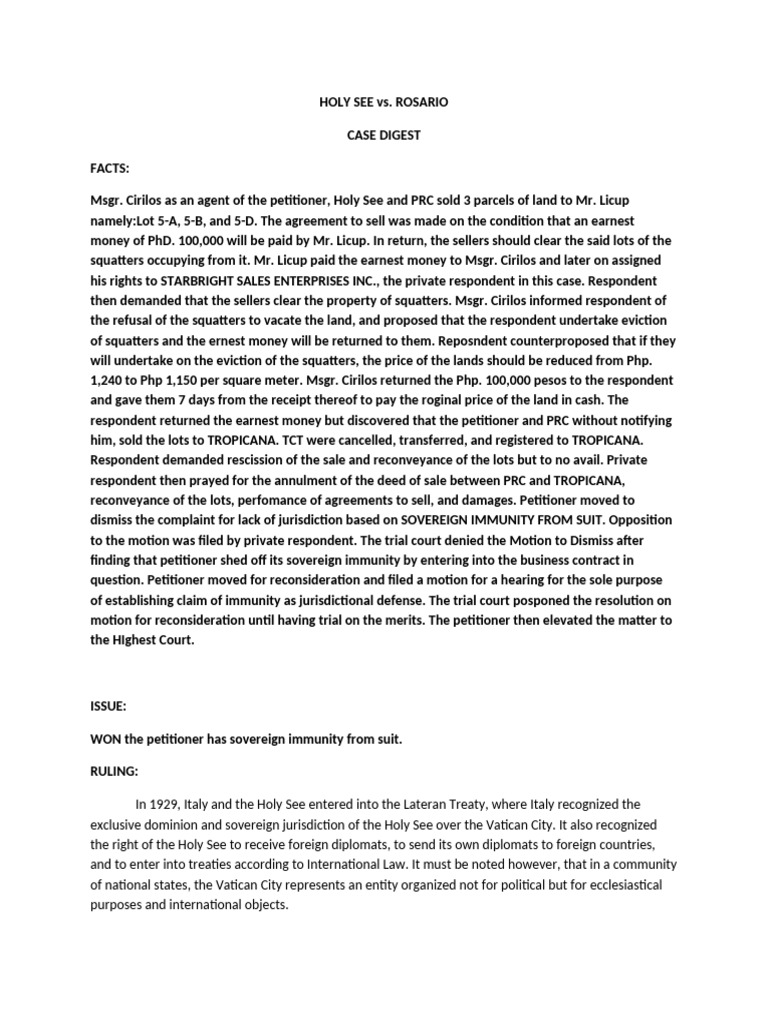 Holy See Sovereign Immunity Case Digest | PDF | Holy See ...