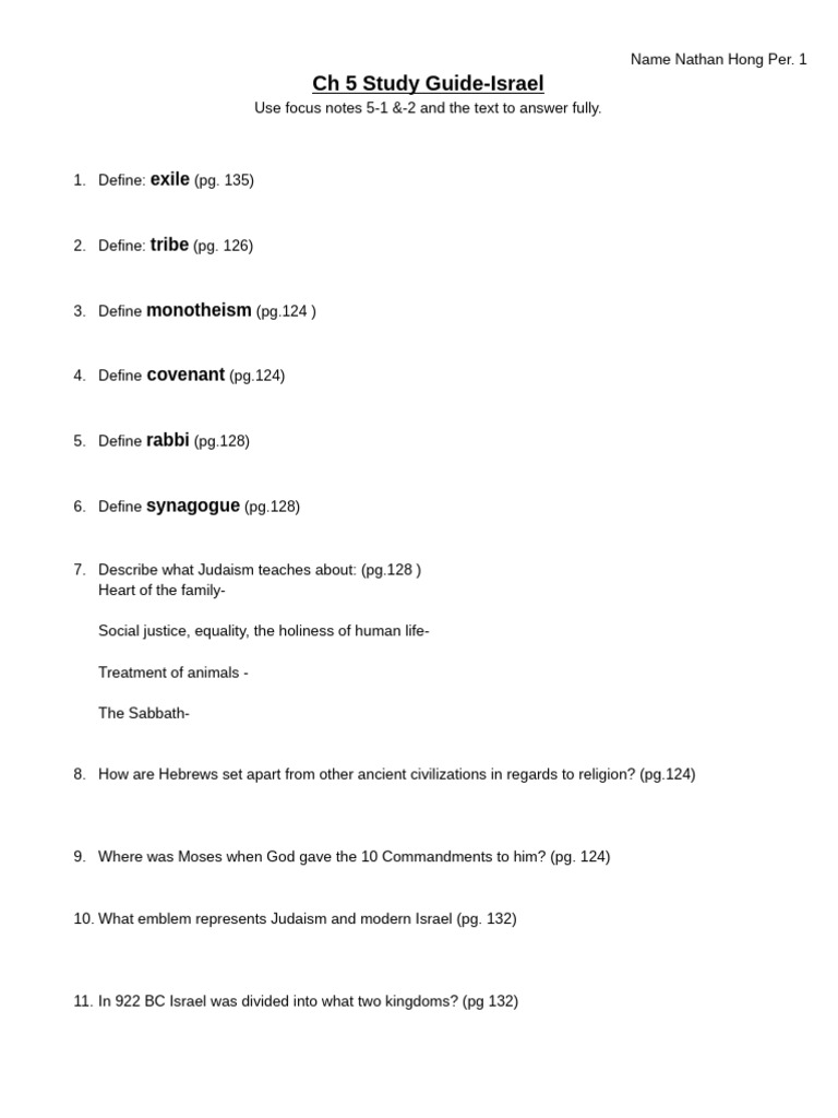 NATHAN HONG - CH 5 Study Guide Israel | PDF