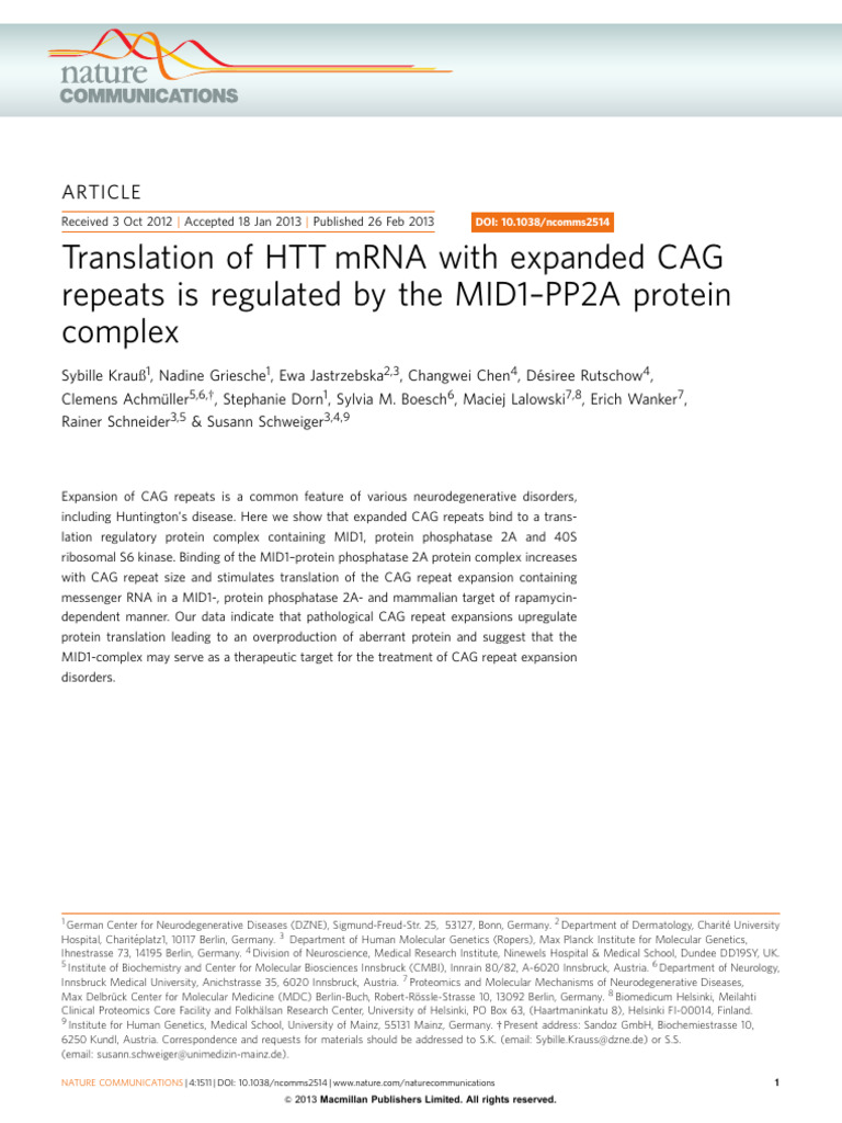 2012 Translation of HTT mRNA Kraub Et Al | PDF | Messenger Rna | Rna