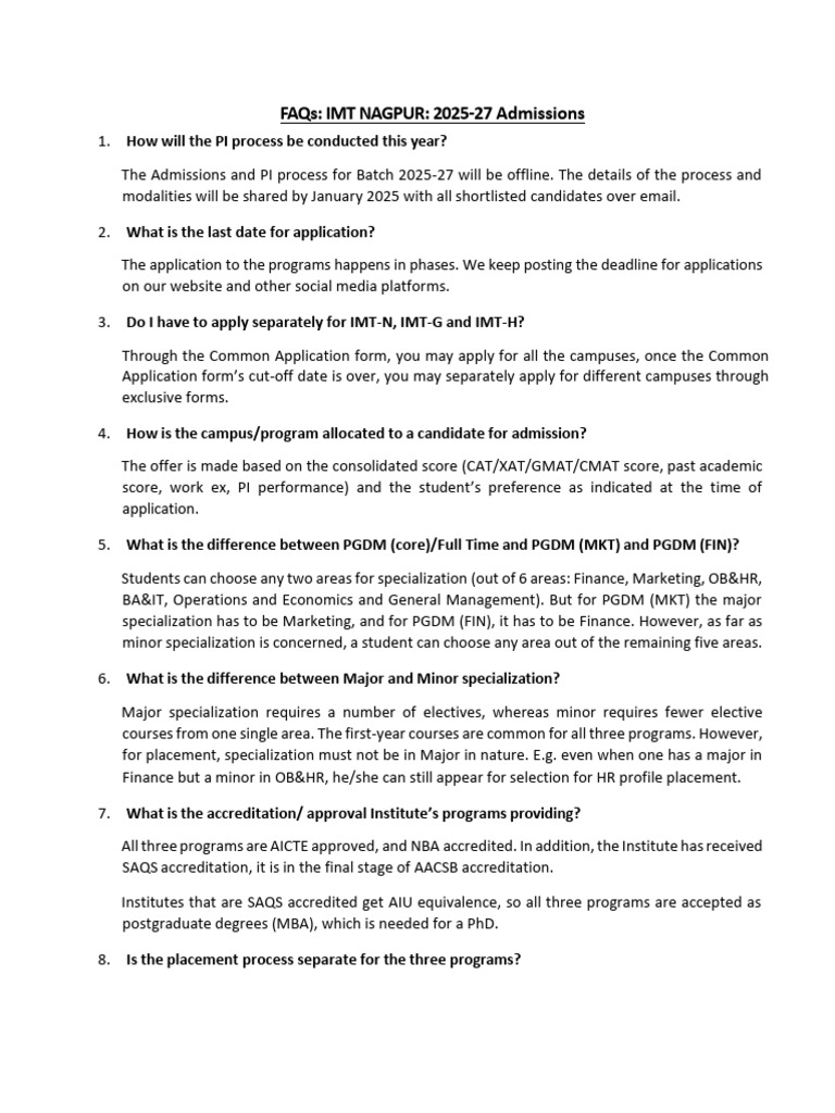IMT Nagpur 2025-27 Admission FAQs | PDF | Master Of Business ...