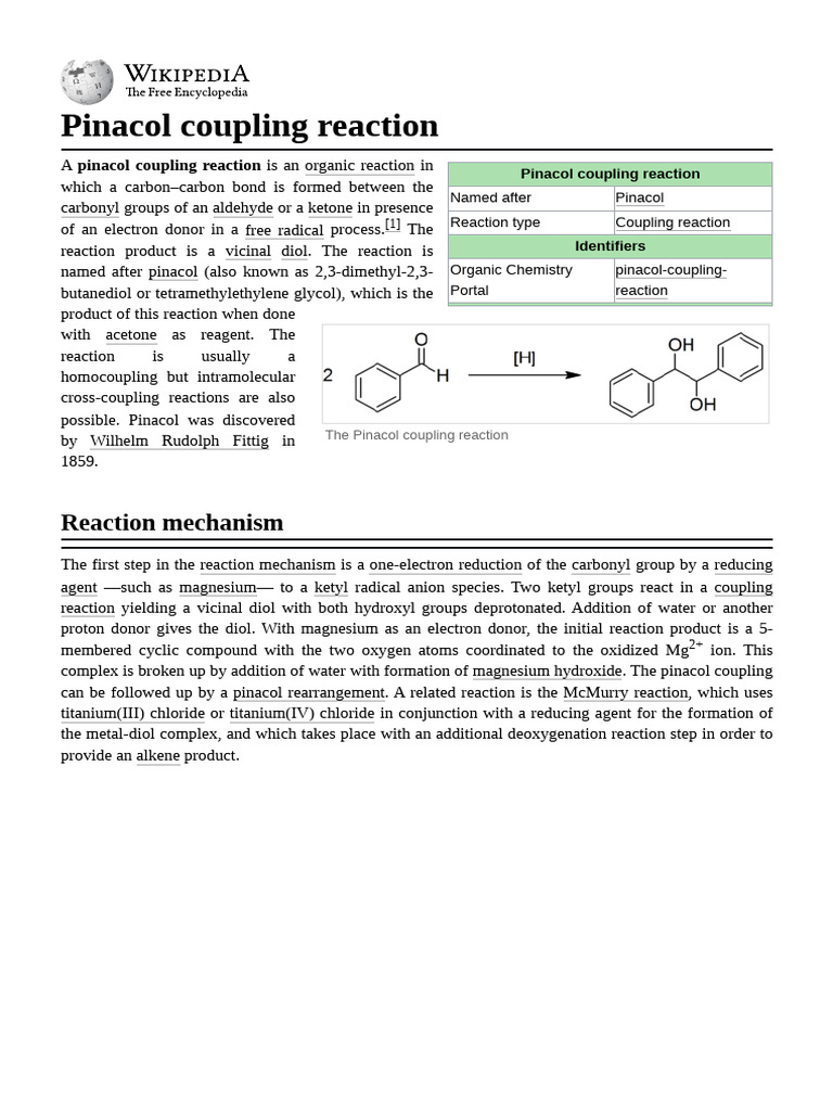 Pinacol Coupling Reaction | PDF | Organic Chemistry | Chemistry