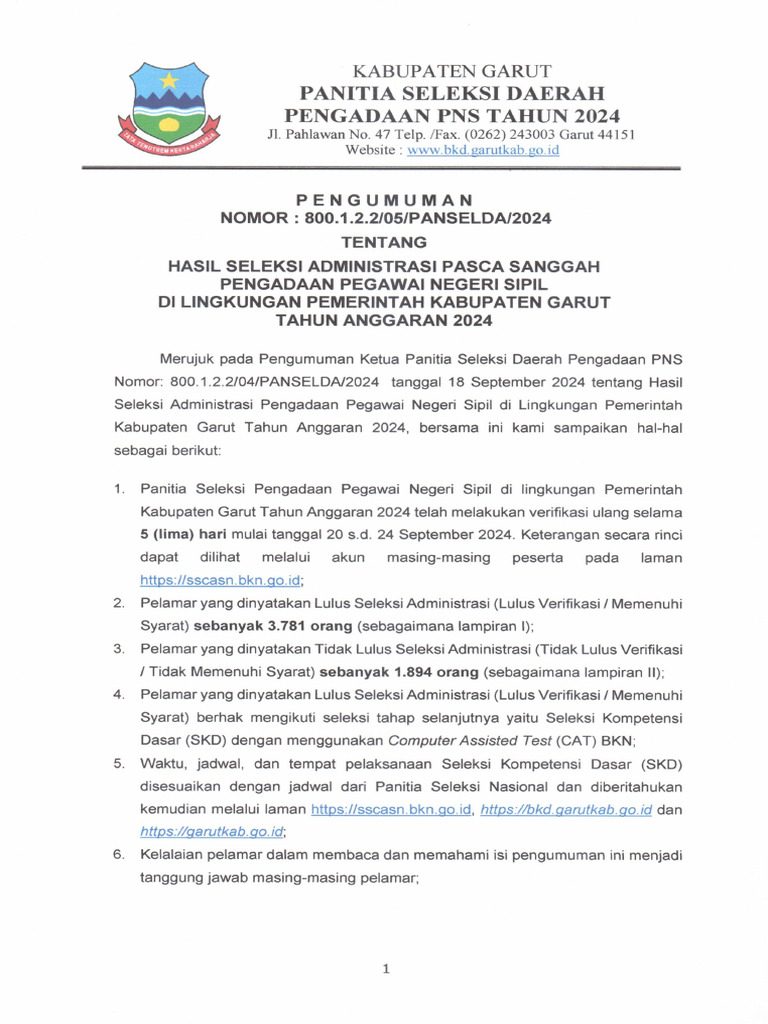 All-Pengumuman Hasil Seleksi Administrasi Pasca Sanggah Pengadaan PNS Kab Garut Ta 2024 | PDF