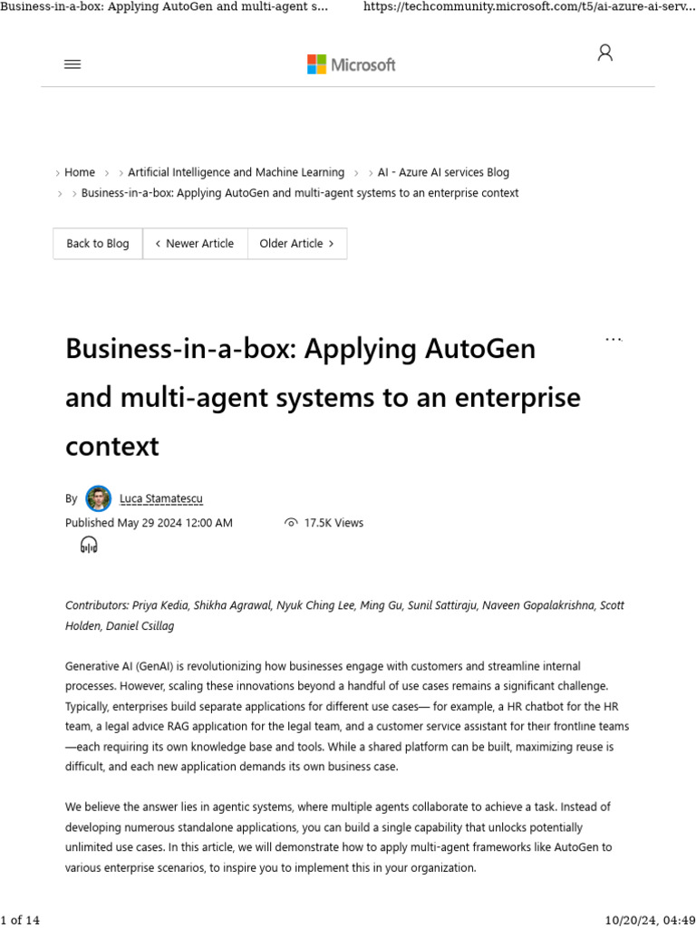 Business-In-A-Box - Applying AutoGen and Multi-Agent Systems To An Enterprise Context ...