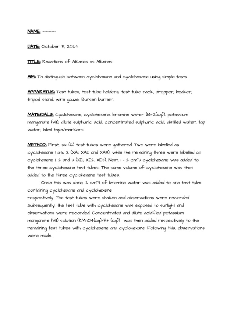 CAPE Chemistry Unit 2 Lab #1 - Reactions of Alkanes Vs Alkenes | PDF | Chemistry | Chemical ...