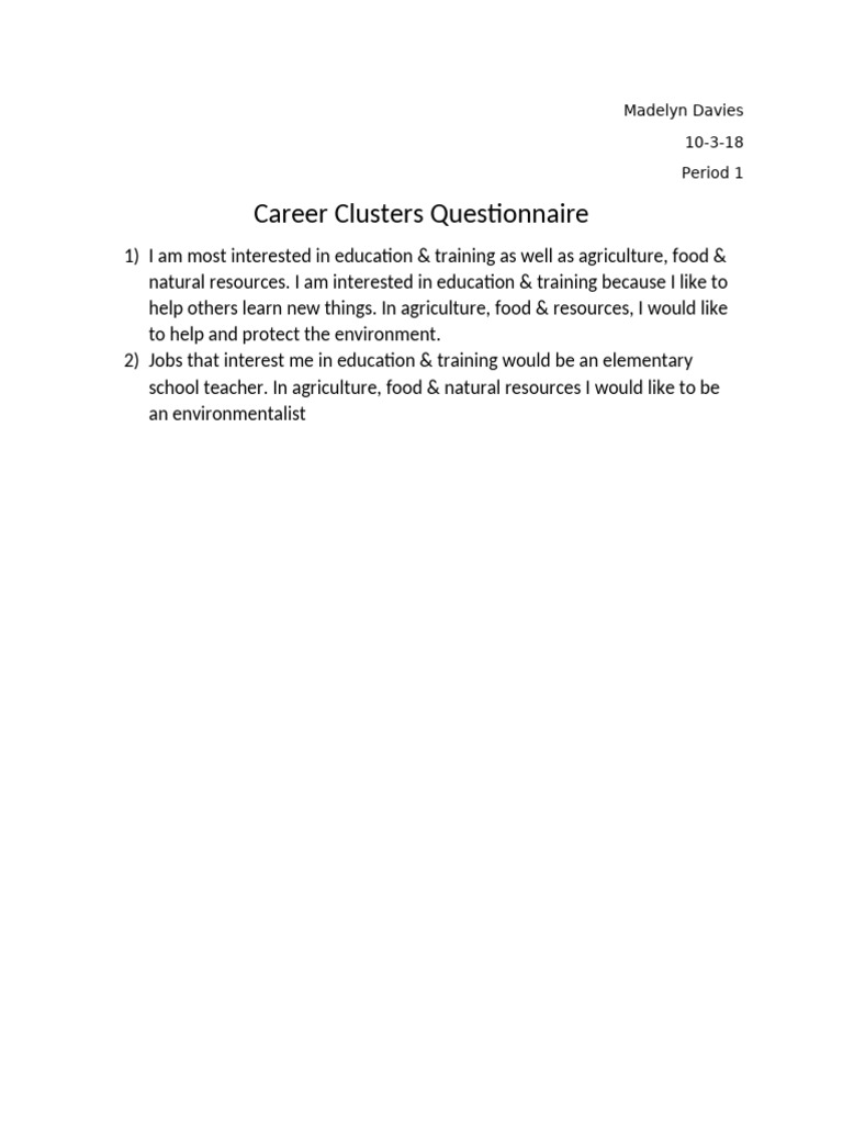 Career Cluster Questionare | PDF