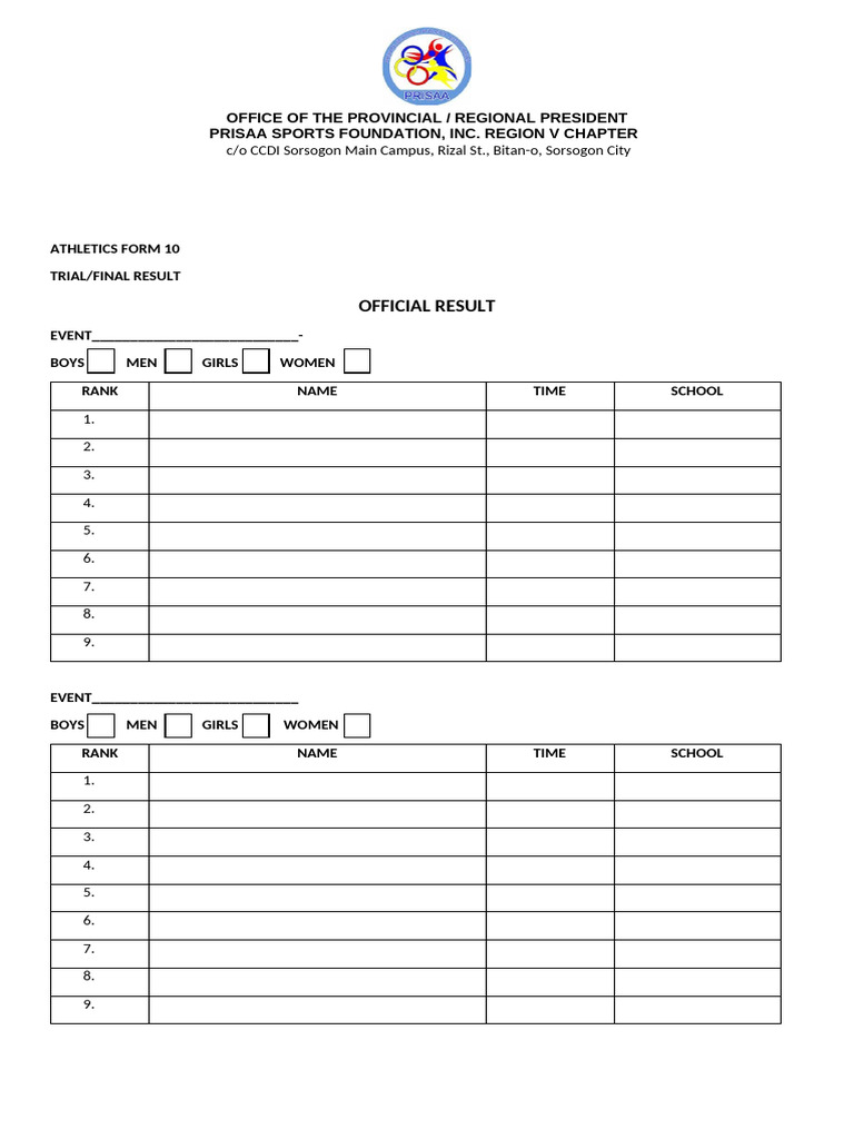 Athletics Form 10 Prisaa 1 | PDF