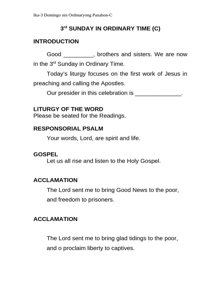 3rd Sunday in Ordinary Time (C) Liturgy | PDF | Jesus | Gospel Of Luke