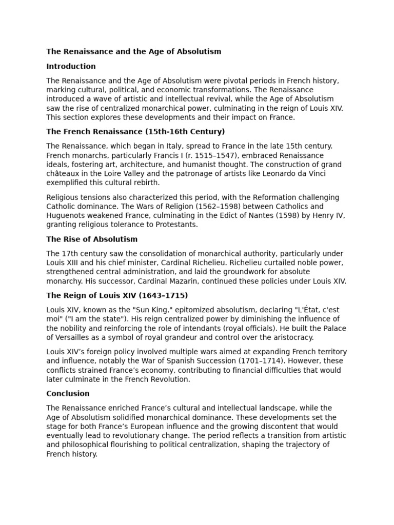 The Renaissance and The Age of Absolutism - France | PDF | France ...