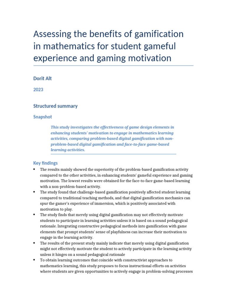 Gamification in Mathematics For Student by Dorit Alt PDF | PDF | Dependent And Independent ...