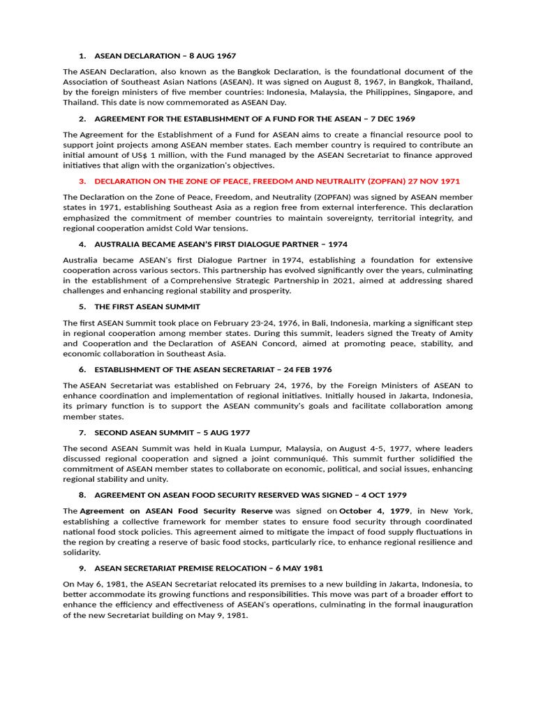 IS106 - ASEAN TIMELINE | PDF | Asean Free Trade Area | International ...