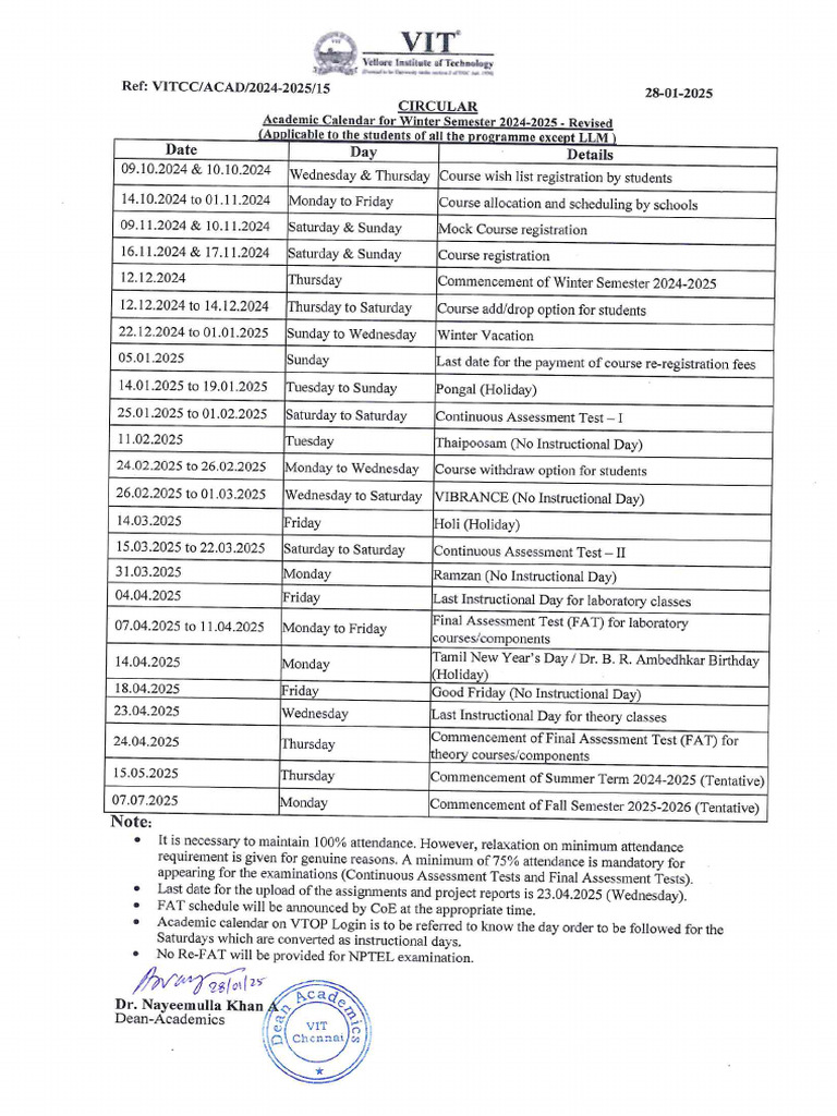 Winter Semester 2024-2025 - Revised Academic Calendar | PDF