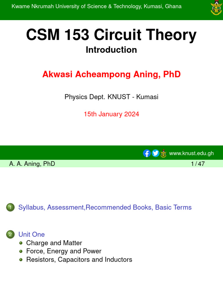 KNUST Circuit Theory Course Guide | PDF | Capacitor | Inductance